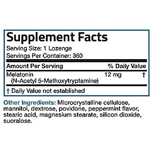 Bronson Melatonin 12mg Fast Dissolve Nighttime Sleep Aid Support & Relaxation Support, 360 Peppermint Vegetarian Lozenges