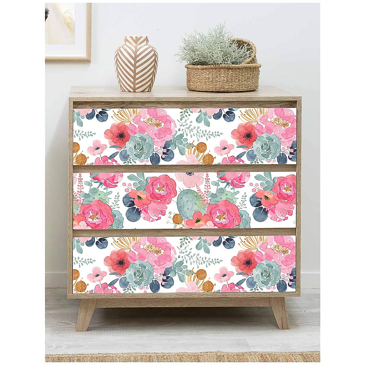 HAOKHOME Floral Wallpaper Peel and Stick Watercolor Cactus White/Pink/Green/Navy Blue Vinyl Self Adhesive Contact Paper Decorative 17.7in x 9.8ft