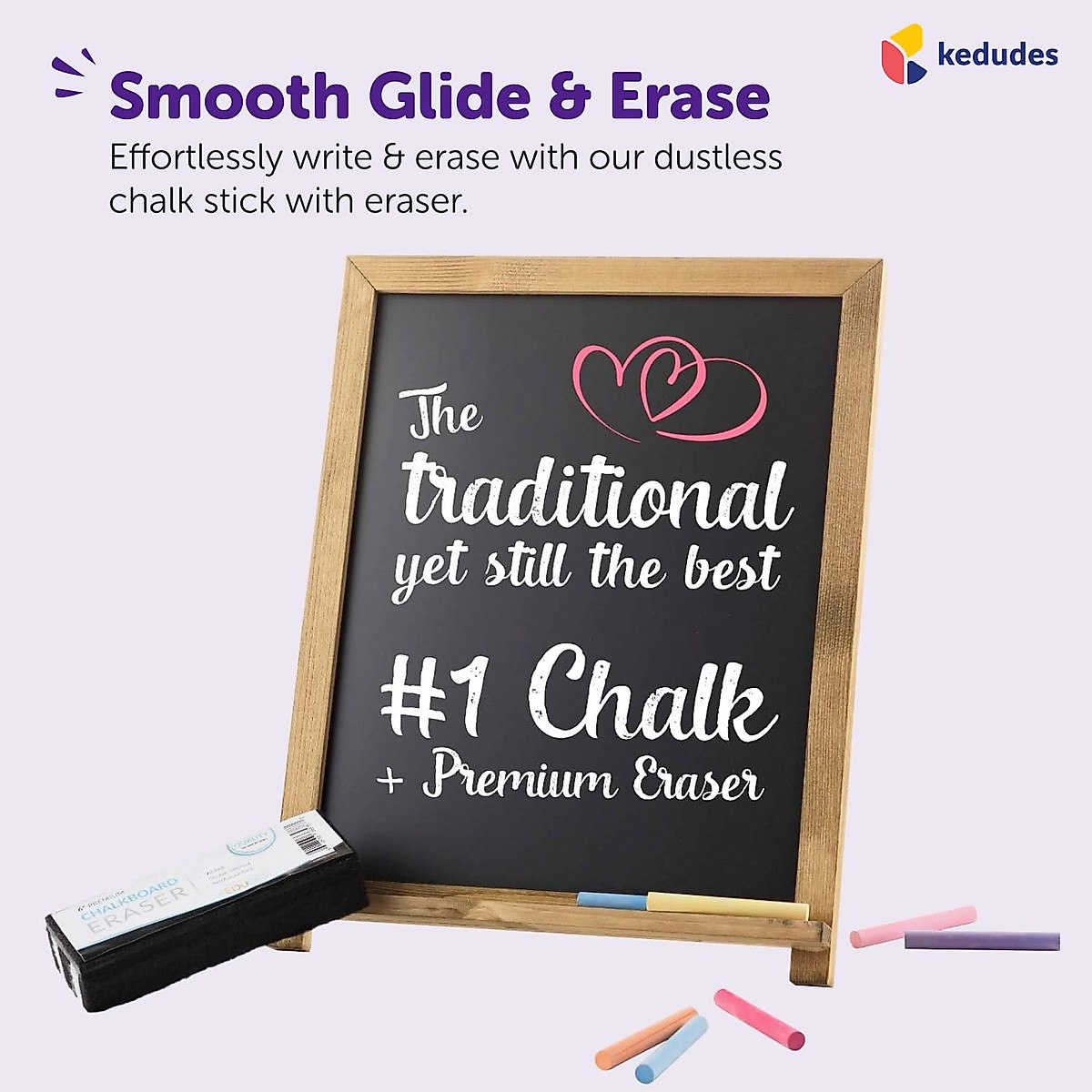 Kedudes Non-Toxic Dustless Chalk with Eraser (24 pack) - 12 Colored Chalk + 12 White Chalkboard Chalk and Chalk Board Eraser for Teachers, Sidewalk Chalk for Kids, Outdoor Chalk, School Supplies Chalk
