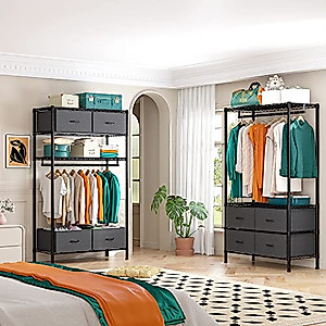 Raybee Clothes Rack, Clothing Racks for Hanging Clothes Rack Heavy Duty Clothing Rack Adjustable Clothes Racks for Hanging Clothes Metal Wire Garment Rack with 4 Fabric Drawers Portable Closet,Black