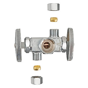Eastman 5/8 Inch OD Compression x 3/8 Inch OD Compression (1/2 Inch Nom.) Dual Outlet/Dual Handle Stop Valve, Brass Plumbing Fitting, Chrome, 04352LF