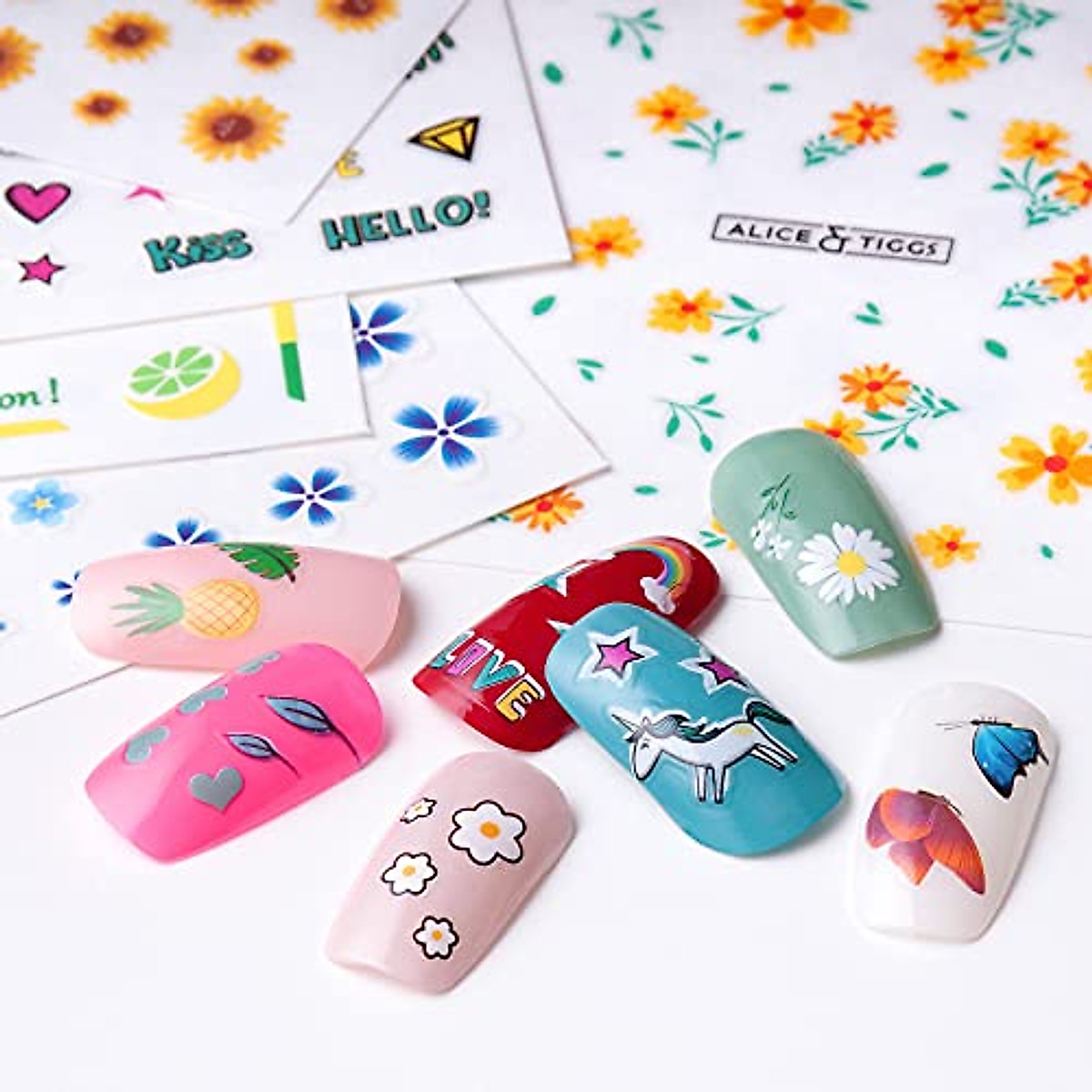 Alice & Tiggs Set of 12 Sheets Nail Art Stickers - Designer Nail Decals - Butterfly Nail Stickers for Women - Nail Stickers for Kids - Butterfly Nail Decals - Nail Sticker for Nail Decor