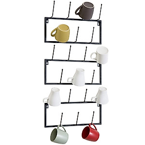 MyGift Black Metal Coffee Mug Rack Wall Mounted Hanging Storage Coffee Bar Accessories Rack with 21 Hooks, Set of 3