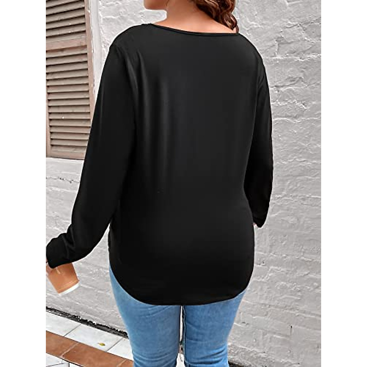 WDIRARA Women's Plus Size Criss Cross Wrap Deep V Neck Long Sleeve Tee T Shirt Black 2XL