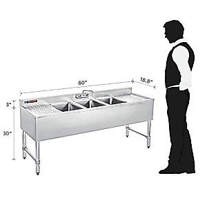 DuraSteel 3 Compartment Stainless Steel Bar Sink with 10" L x 14" W x 10" D Bowl - Underbar Basin - NSF Certified - Double Drainboard, Faucet Included (Restaurant, Kitchen, Hotel, Bar)