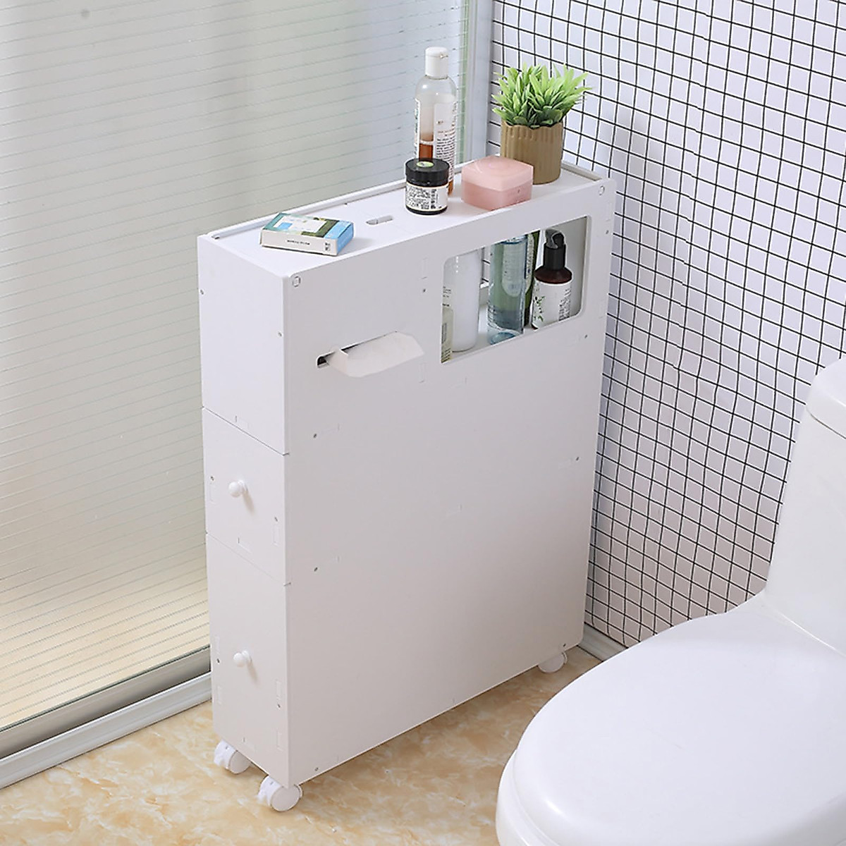 ILWorkTLs Toilet Slim Bathroom Storage Cabinet, Narrow Cabinet with Drawer and Wheel,2 Drawers Toilet Slim Floor Cabinet for Bathroom,White