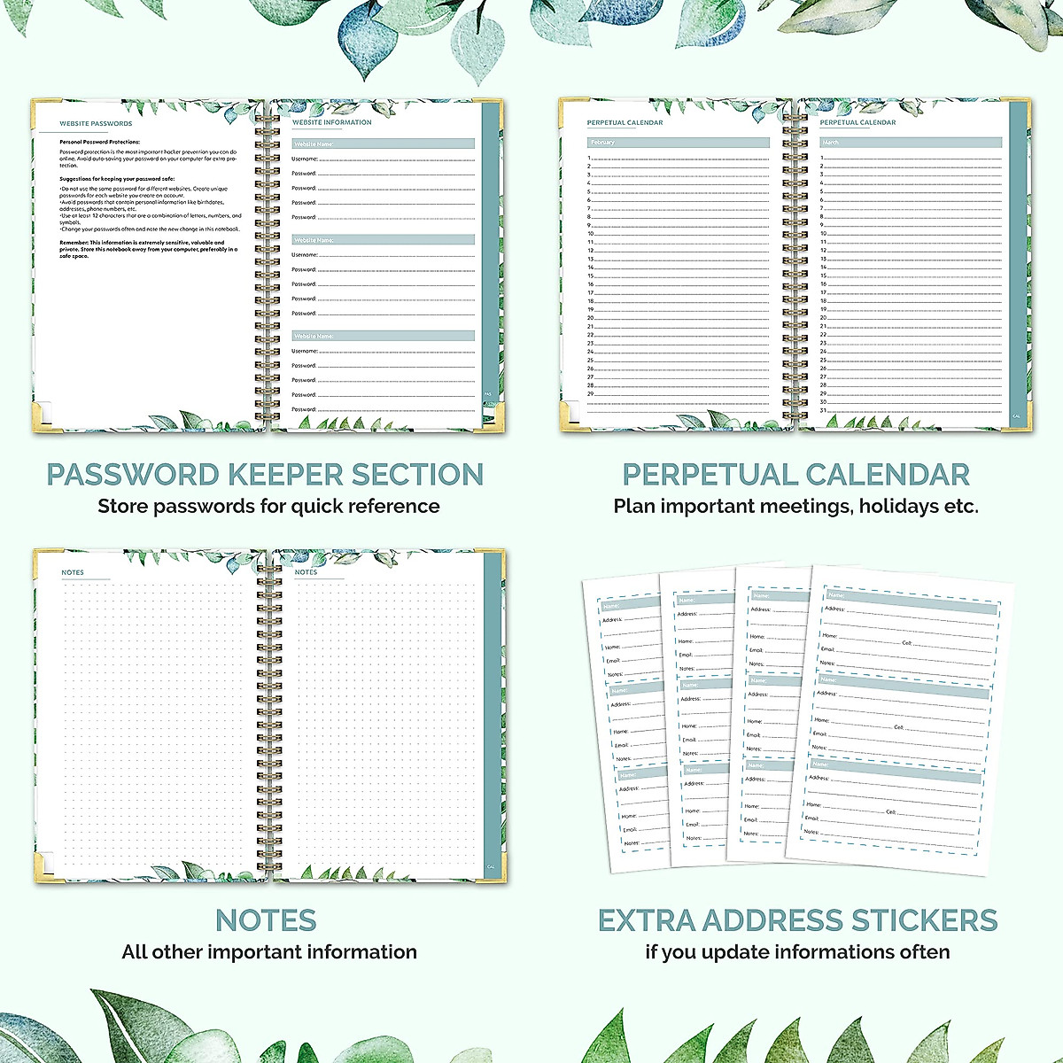 Simplified Greenery Address and Password Book with Alphabetical Tabs - The Perfect Spiral Bound Address Organizer incl. Address Labels, Contact and Phone Section