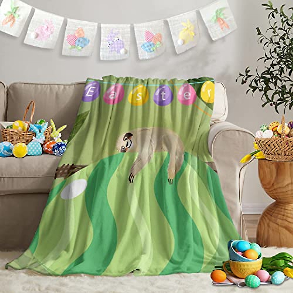 Throw Blankets Cute Sloth with Colorful Easter Eggs Fuzzy Soft Bed Cover Bedspread Microfiber Luxury Blanket for Travel Stadium Camping Couch Sofa Chair Green
