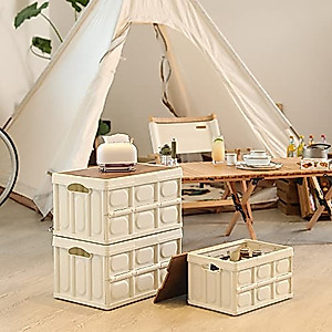 submatches 56 Quart Plastic Storage Tote, Collapsible Storage Bin with Wooden Lid, Tough Plastic Storage Container with Waterproof Bag, Foldable&Stackable Storage Crate for Car, Toys, Camping, Picnic