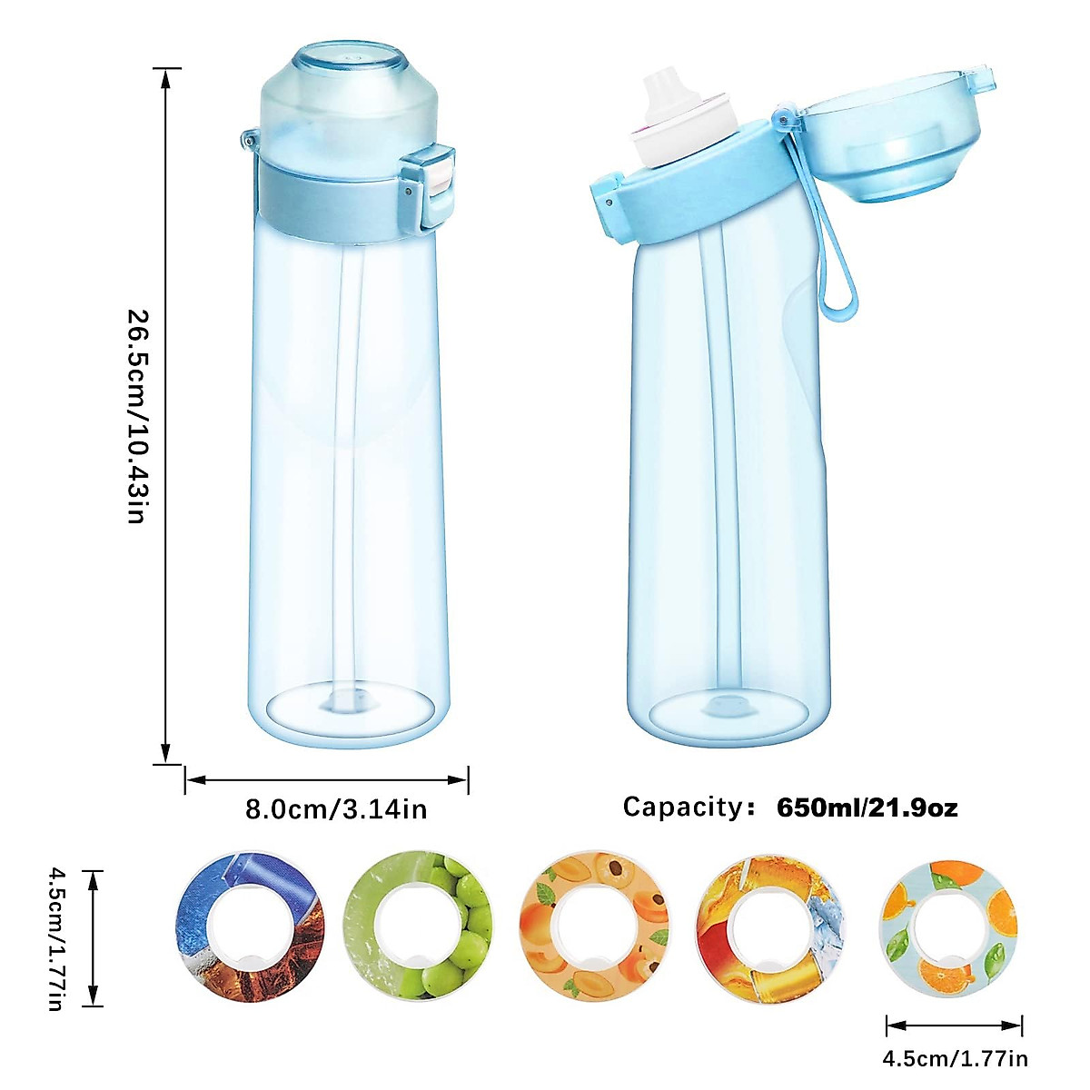 nezababy Water Bottle with Flavor Pods,18.5 Oz/500ml,21.9 Oz/650ml Fruit Fragrance Water Bottle,Scent Water Cup,Sports Water Cup Suitable for Outdoor Sports (A.Blue(21.9Oz)+7Pcs Pods)