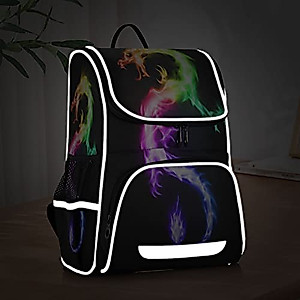 JULYTO Kids Backpack for Boys Girls with Reflective Stripes16 inch Rainbow Fire Dragon Backpack for School Colorful School Bag Elementary Student Bookbag Daypack for Travel Hiking
