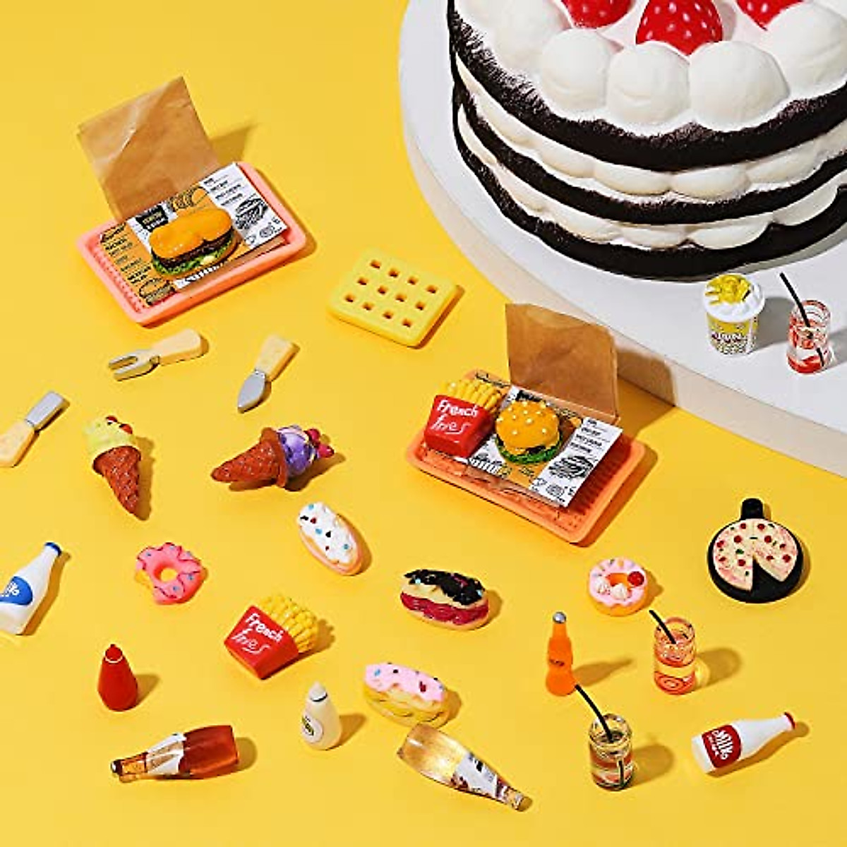33 Pieces Miniature Fast Food Toy Miniature Pretend Food Play Toys Dollhouse Accessories Hamburger Fries Cake Milk Doll Food Kitchen Accessory Toy for Kids Party Accessory Christmas Restaurant Decor