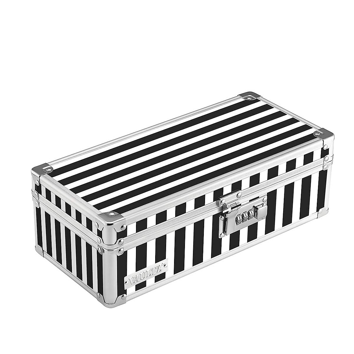 Vaultz Locking Medicine Storage Box with Combination Lock, 3.75" x 11.88" x 5.25", Black & White Stripe (VZ00345)