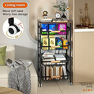 5-Tier Rolling Storage Cart with Wheels, Large Capacity Kitchen Cart, Mobile Utility Cart with Wooden Tabletop and Mesh Baskets, Bathroom, Laundry Room