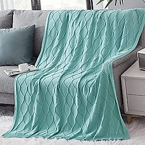 Revdomfly 100% Cotton Diamond Waffle Weave Aqua Cable Knit Throw Blanket for Couch, Sofa, Bed | 50 x 60 Inches | Lightweight and Soft,Luxury Decorative Breathable Skin-Friendly Blanket