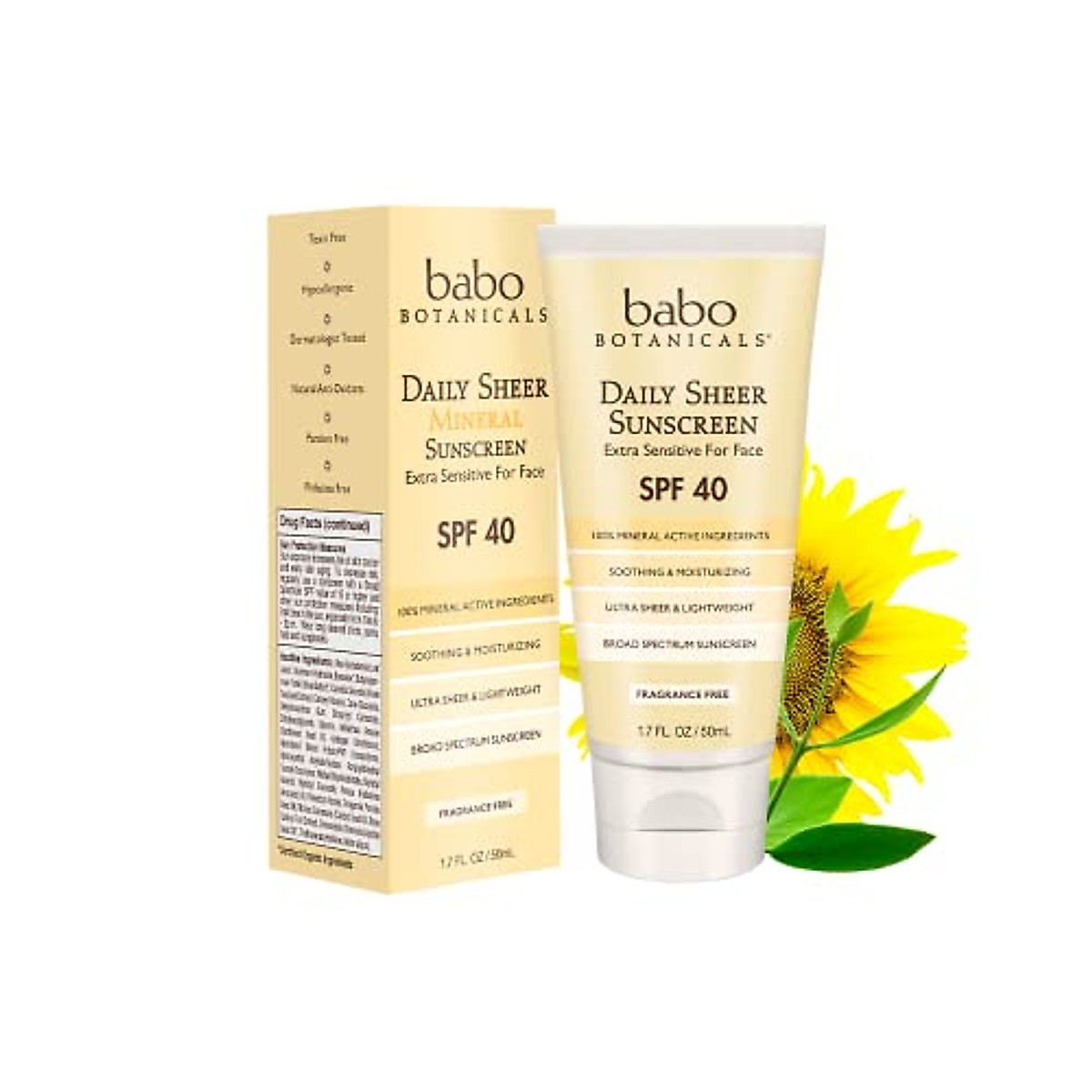 Babo Botanicals Daily Sheer Mineral Face Sunscreen Lotion SPF 40, Fragrance Free, 1.7 Fl Oz