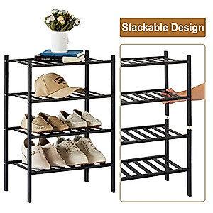 Trenect Shoe Rack for Entryway Closet 4 Tier Narrow Shoe Rack Stackable Organizer Storage Bamboo Shoe Rack Vertical Small Shoe Rack Shelf Free Standing Shoe Racks 11 * 17.7 * 26.2 Inches (Black)
