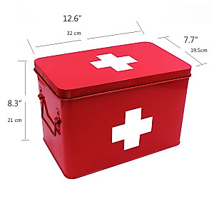 Funly mee Vintage First aid Box for Home, Medicine Tin, Red Metal Medicine Storage Box (Large 12.6× 8.3×7.7 inches)