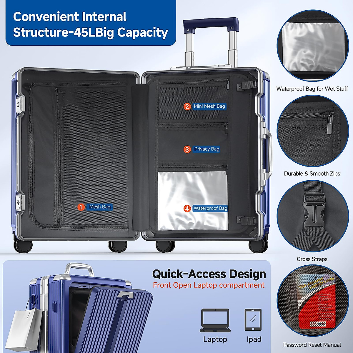 SOMODE Airline Approved Carry On Luggage with Spinner Wheels,Aluminum Framed Carry On Suitcase with Front Laptop Compartment/Cup Holder,22×14×9 inch Checked-in Luggage with Flexible Handle (Blue)