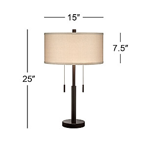 Franklin Iron Works Bernie Industrial Nightstand Table Lamp 25" High Set of 2 with Hotel Style USB Charging Port Rich Bronze Metal Fabric Drum Shade for Living Room Desk Bedroom House Bedside Home