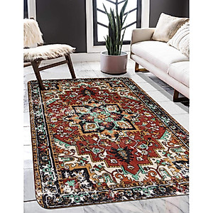 Lahome Collection Traditional Oriental Area Rug - 3’ X 5’ Faux Wool Non-Slip Area Rug Accent Distressed Throw Rugs Floor Carpet for Living Room Bedrooms Laundry Room Decor (3’ X 5’, Red)