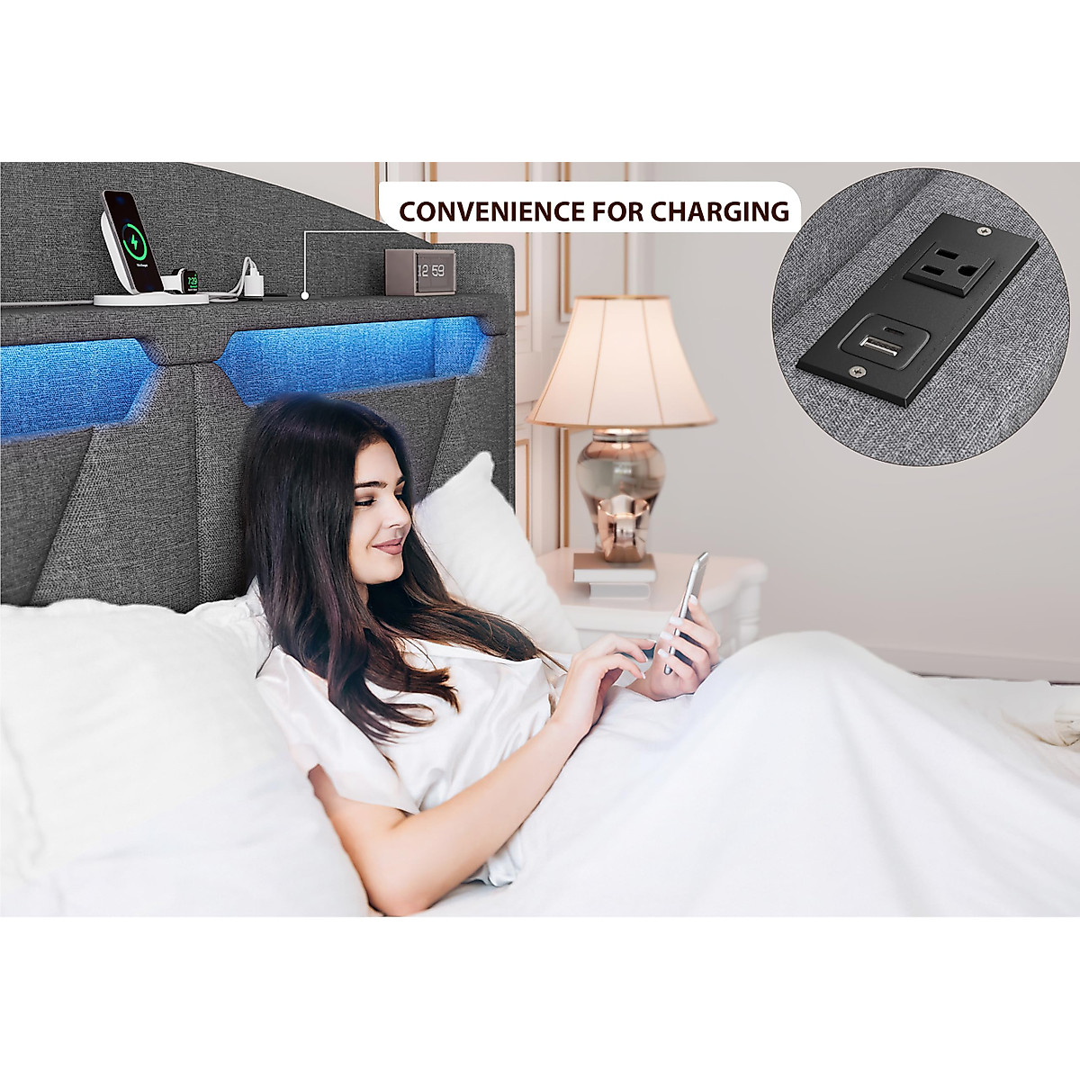 PDCOAK Full Bed Frame with Storage Headboard, Upholstered LED Bed Frame with 2 Storage Drawers Charging Station,Wood Slats Support, No Box Spring Needed, Noise Free, Grey