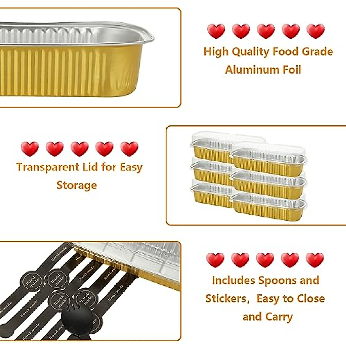 WOPPLXY 100 Pcs Mini Cake Pans with Lids, 6.8 Oz Mini Loaf Pans with Lids and Spoons, Aluminum Foil Mini Loaf Baking Pans Disposable Cake Pans with Lids for Cake Bread Muffin Wedding Birthday Party