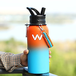 WEREWOLVES 24 oz Insulated Water Bottle With Paracord Handles & Strap & Straw Lid & Spout Lid,Reusable Wide Mouth Vacuum Stainless Steel Water Bottle for Adults (New-Summer Orange, 24 oz)