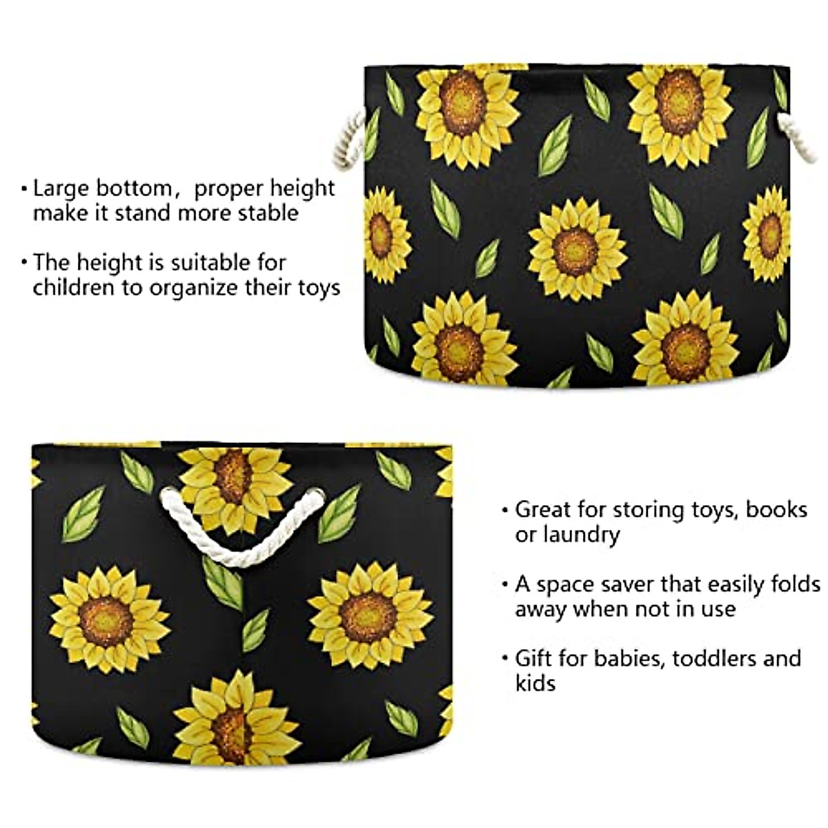 ALAZA Flower Seamless Sunflower Floral Storage Basket Gift Baskets Large Collapsible Laundry Hamper with Handle, 20x20x14 in