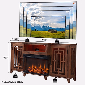 JXQTLINGMU 3-Sided Glass Fireplace TV Stand for 75 Inch TV, Large Farmhouse Media Console with LED Light, Highboy Entertainment Center with 3 Side Cutouts Glass Doors for Living Room, Antique Brown