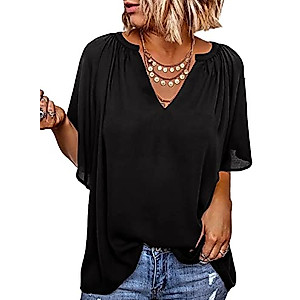 Dokotoo Womens Summer Tops Casual Short Sleeve Shirts V Neck Pleated Tunic Tops Loose Cute Bell Sleeve Chiffon Blouses for Ladies Plus Size,2XL(US 18-20),Black
