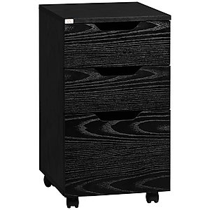 HOMCOM 3 Drawer Mobile File Cabinet, Rolling Printer Stand, Vertical Filing Cabinet, Black Wood Grain