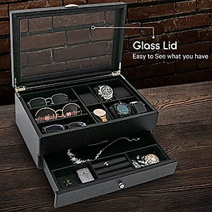HAUTEROW Watch Box Organizer For Men Jewelry Box, Watch Case Sunglass Organizer Valet Tray Mens Jewelry Organizer Holds 6 Watches 3 Sunglasses
