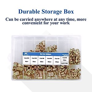 600pcs Metric Rivet Nut Kit, Rivet Nuts Assortment M3 M4 M5 M6 M8 M10 M12, Carbon Steel Zinc Plated Finish Flat Head Threaded Insert Rivet Nuts Set with Rugged Carrying Case
