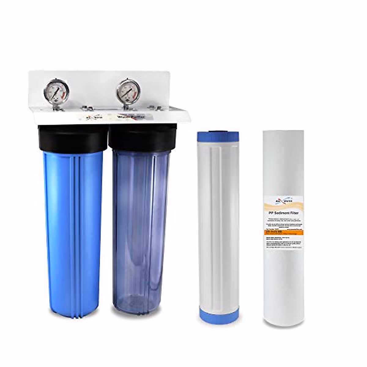 Max Water 2 Stage (Sediment, Odor & Improving Taste) Whole House (20 inch x 4.5 inch), Water Filtration System with PVC Ball Valve, Pressure Gauge & Housing Wrench - Sediment + GAC - 1" Inlet/Outlet