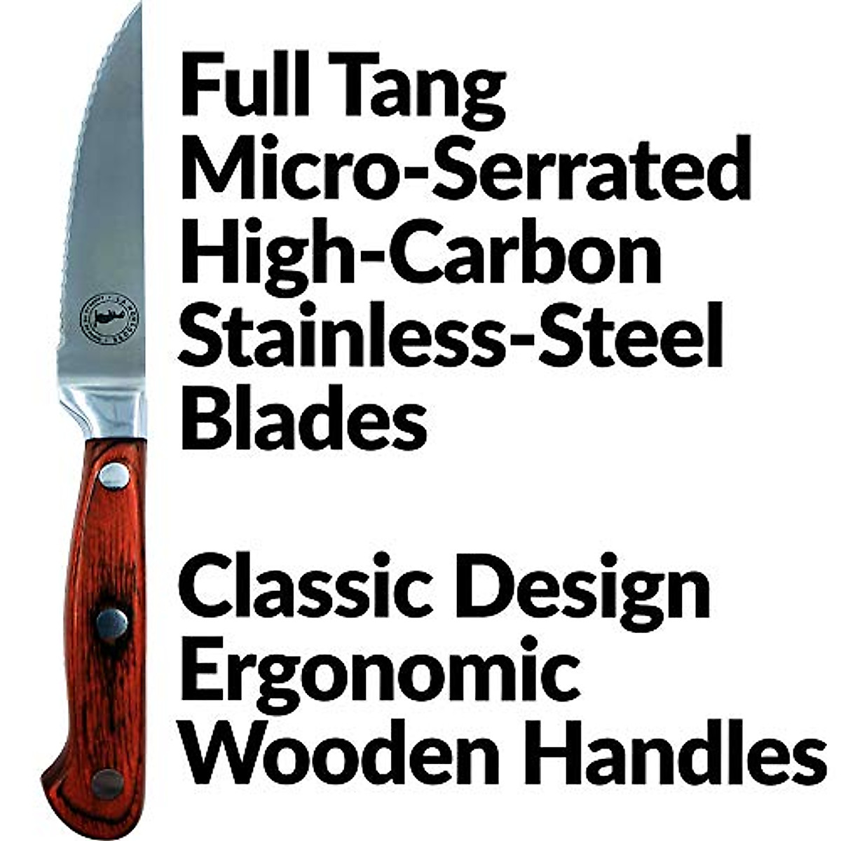 Steak Knife Set in Gift Box 6 Full Tang High Carbon Stainless Steel Micro Serrated Knives Classic Dark Brown Ergonomic Pakkawood Handles Luxury Beech Wood Case Premium Deluxe Birthday Gift Idea
