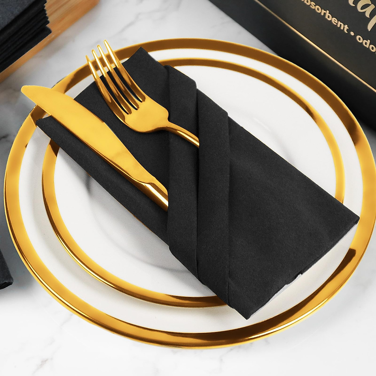 KAMMAK 100 Pack Black Napkins Disposable Linen Feel Dinner Paper Napkins Bulk, Soft Thick and Absorbent Fancy Napkins Cloth Like for Bathroom, Kitchen, Wedding,Christmas Party and Any Events