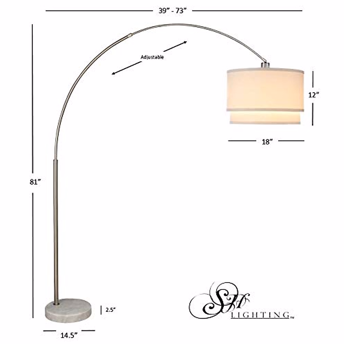 SH Lighting 6938 Brush Steel Arching Floor Lamp with Marble Base - Features Large Drum Style Shade - 81" Tall Fits in Living or Bedrooms (White-Double)