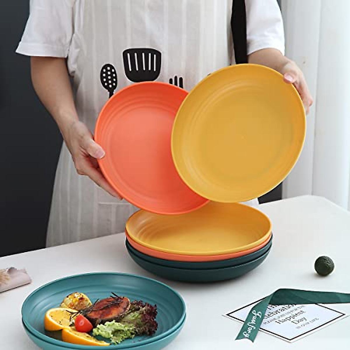Kyraton 9 Inch Large Deep Plastic Plates 8 Pieces, Unbreakable And Reusable Light Weight Dinner Plates Pasta and Dumpling Bowl Microwave Safe BPA Free Dishwasher Safe (Mutil Color)