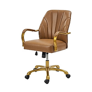 HULALA HOME Camel Leather Office Chair with Gold Legs, Swivel Desk Chair with Padded Seat and Armrests, Adjustable Height Task Chair