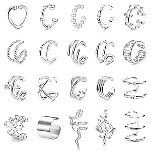FIBO STEEL 20Pcs Ear Cuffs Earrings Set for Women Non-Piercing Dainty Cartilage Ear Clip On Wrap Earring Set Adjustable Silver Plated