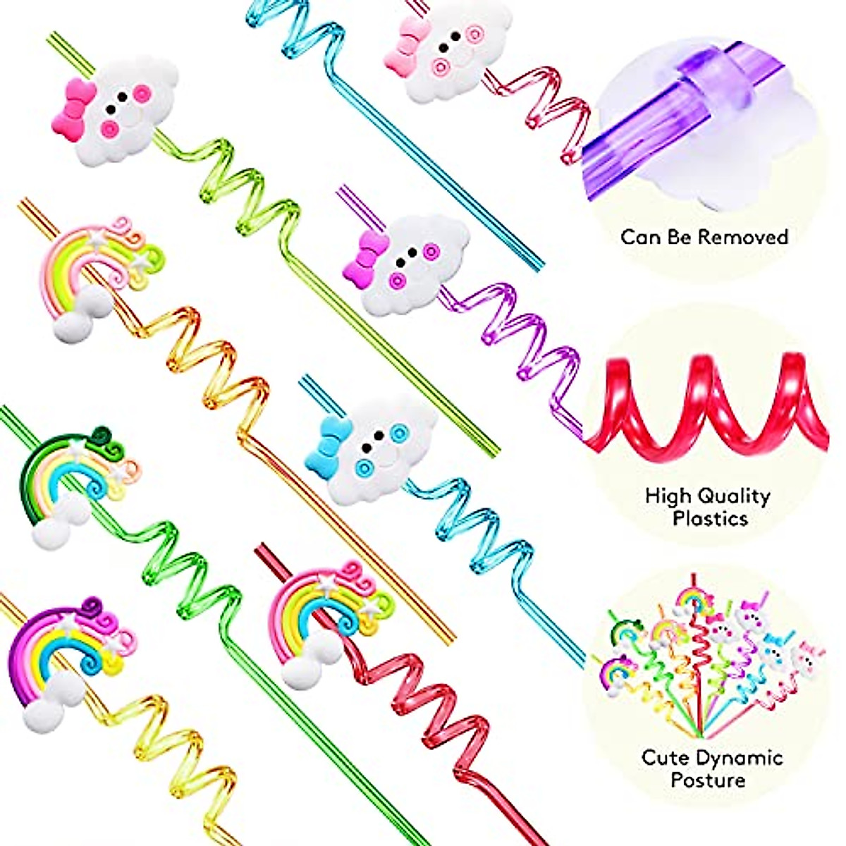 Rainbow Birthday Party Supplies Drinking Plastic Straws 24 for Kids Girls Boys Rainbow Cloud Party Favors Decorations with 2 Cleaning Brushes - Set of 26 (8 Styles)