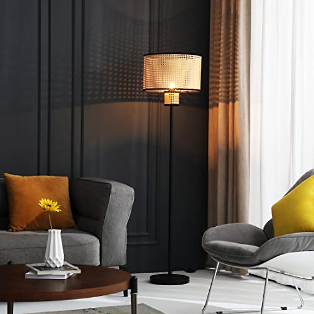 VidaLite Nakuv - Modern Bohemian Floor Lamp with 2 Tier PVC Rattan Shade and Velvet Stiched Rim for Foyer, Kitchen Living Room, Bedroom, Beige