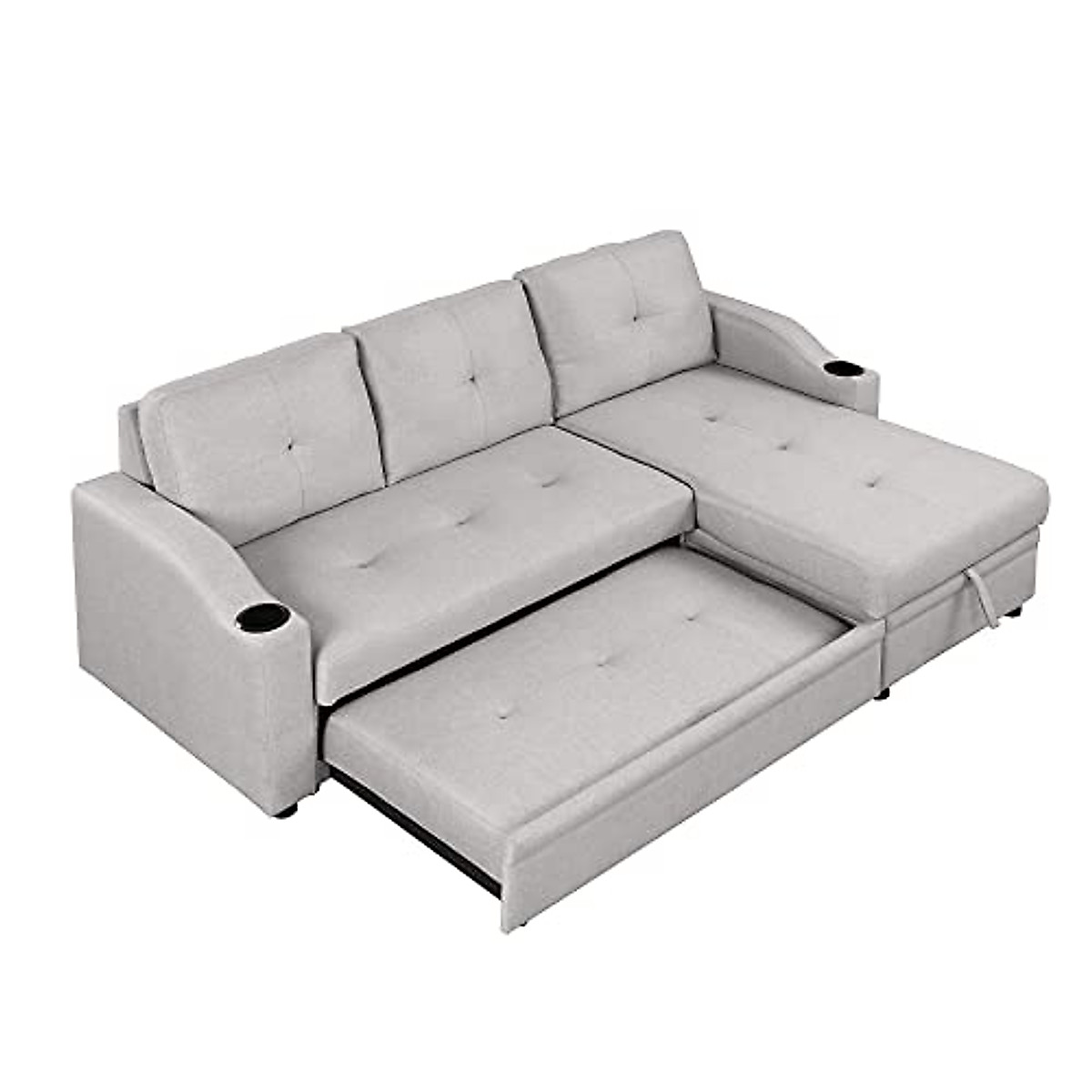 UBGO Modular, L-Shaped Living Room Furniture Sets,Pull Modern Padded Upholstered Sofa Bed, Linen Fabric 3 Seater Storage Chaise and Cup Holder, Couch for Small Spaces,Gray