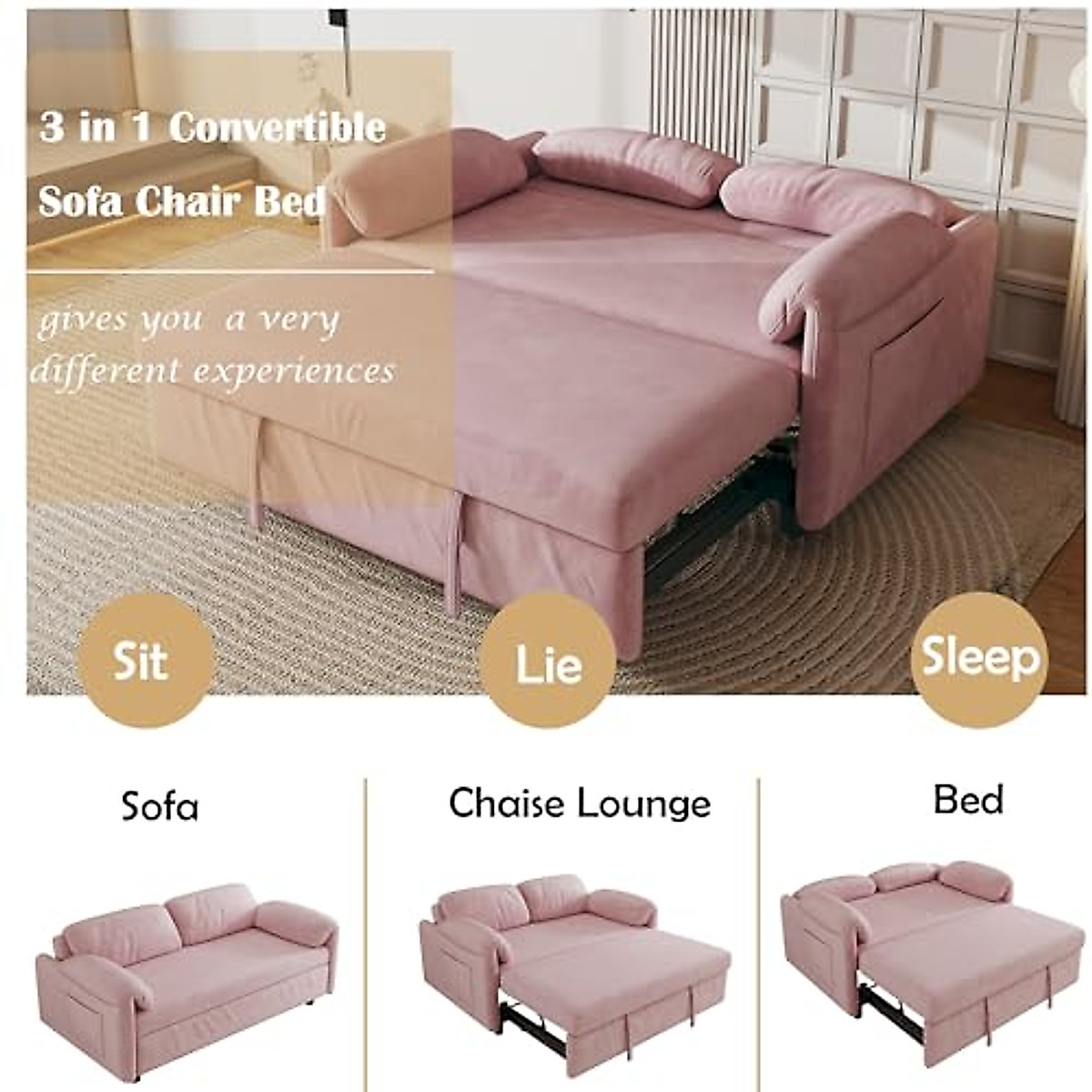 54"W Loveseat Sofa Convertible Sleeper Sofabed ,2 Seater Functional Love Seat Sofa&Couch W/Pull Out Couch Bed, Reclining Backrest and Reversible Pillows Armrests for Office Apartment RV Living Room