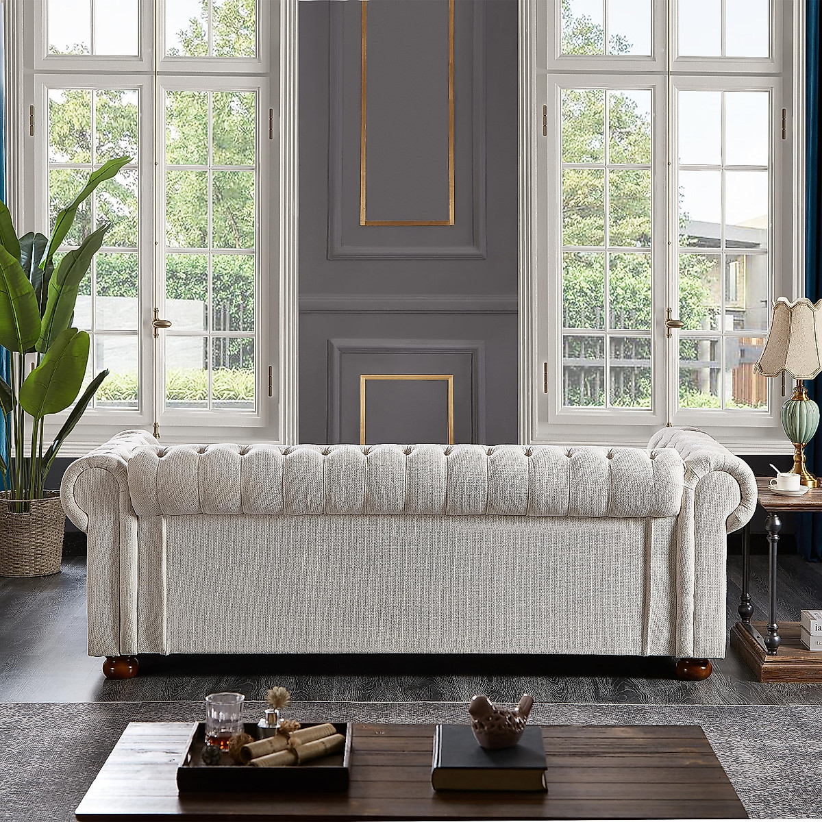 kevinplus 88.5'' Chesterfield Sofa Couch for Living Room, Classic Modern 3-Seat Upholstered Tufted Rolled Arm Sofa Couch for Apartment Bedroom Office, Solid Wood Leg, Linen Fabric, Beige