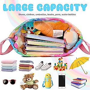 Drawstring Backpack Bag for Kids Girls, Waterproof Beach Bag with Zipper Pocket for Swimming Sports Gym Travel Birthday Christmas Gift (Rainbow Unicorn)
