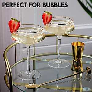 VEMACITY Martini Glasses Set of 4 with Gold Rims | Vintage Glassware with Gold Bar Spoon & Double-Sided Jigger | Champagne Coupe Cocktail Glasses | Cocktail Recipe e-Book (PDF) | Large Martini Glass