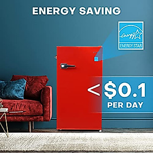 Upstreman 3.6 Cu Ft Small Refrigerator without Freezer, Retro Mini Fridge, Manual Defrost Free, Adjustable Thermostat, Side Bottle Opener, Small Fridge for Office, Bedroom, Dorm, Red-CR35