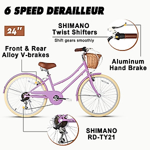 Glerc Missy 24" inch Girl Cruiser Kids Bike 6-Speed Teen Hybrid City Bicycle for Youth Ages 7 8 9 10 11 12 13 14 Years Old with Wicker Basket & Lightweight, Purple